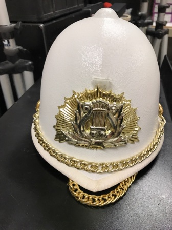 White Used Marching Band Helmets with Gold Trim